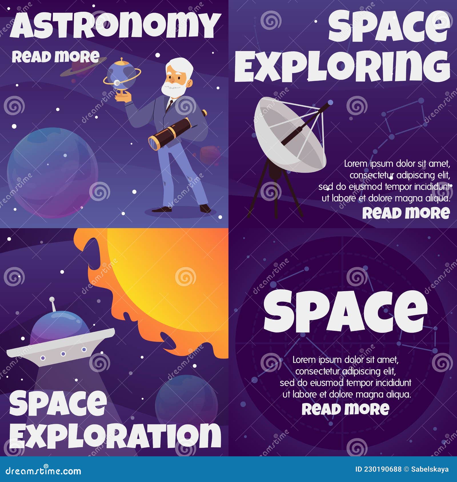 Outer Space Exploring Banners Set with Astronomer, Flat Vector ...