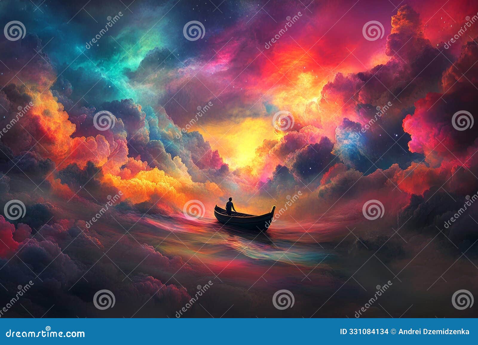 Outer Space Illustration with a Man Riding a Boat among Colorful Clouds ...