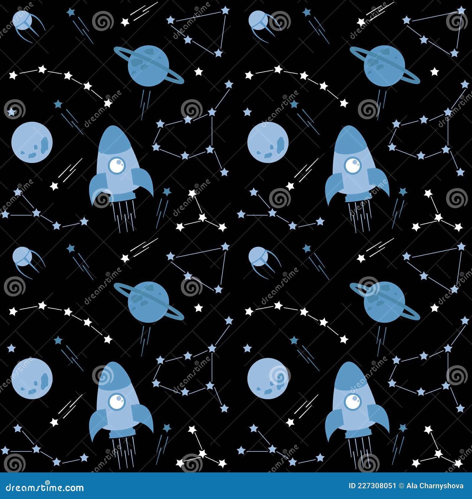 Outer Space Pattern with Stars, Rocket, Planets and Constellations ...