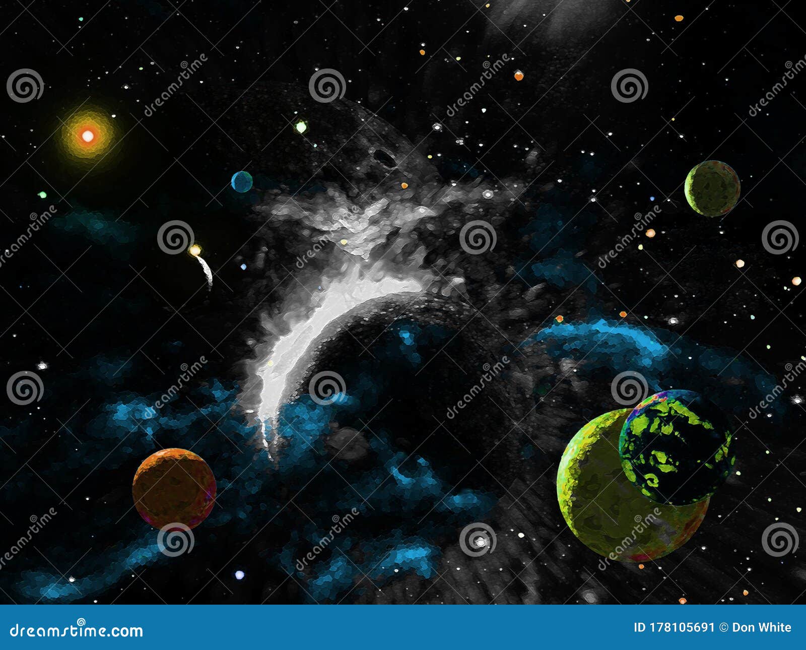 A Crowded Cluster of Planets and Moons Stock Illustration ...