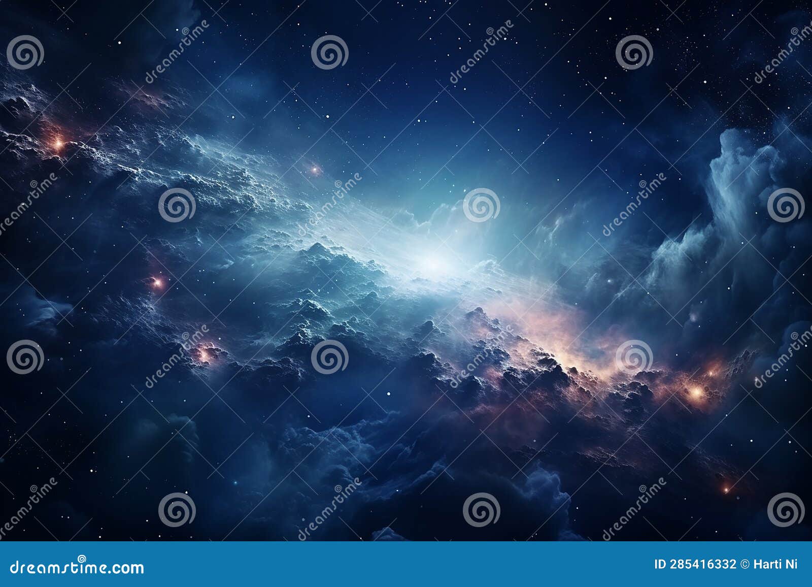 Outer Space View with Shining Nebula and Starlight in Blue Sky Universe ...