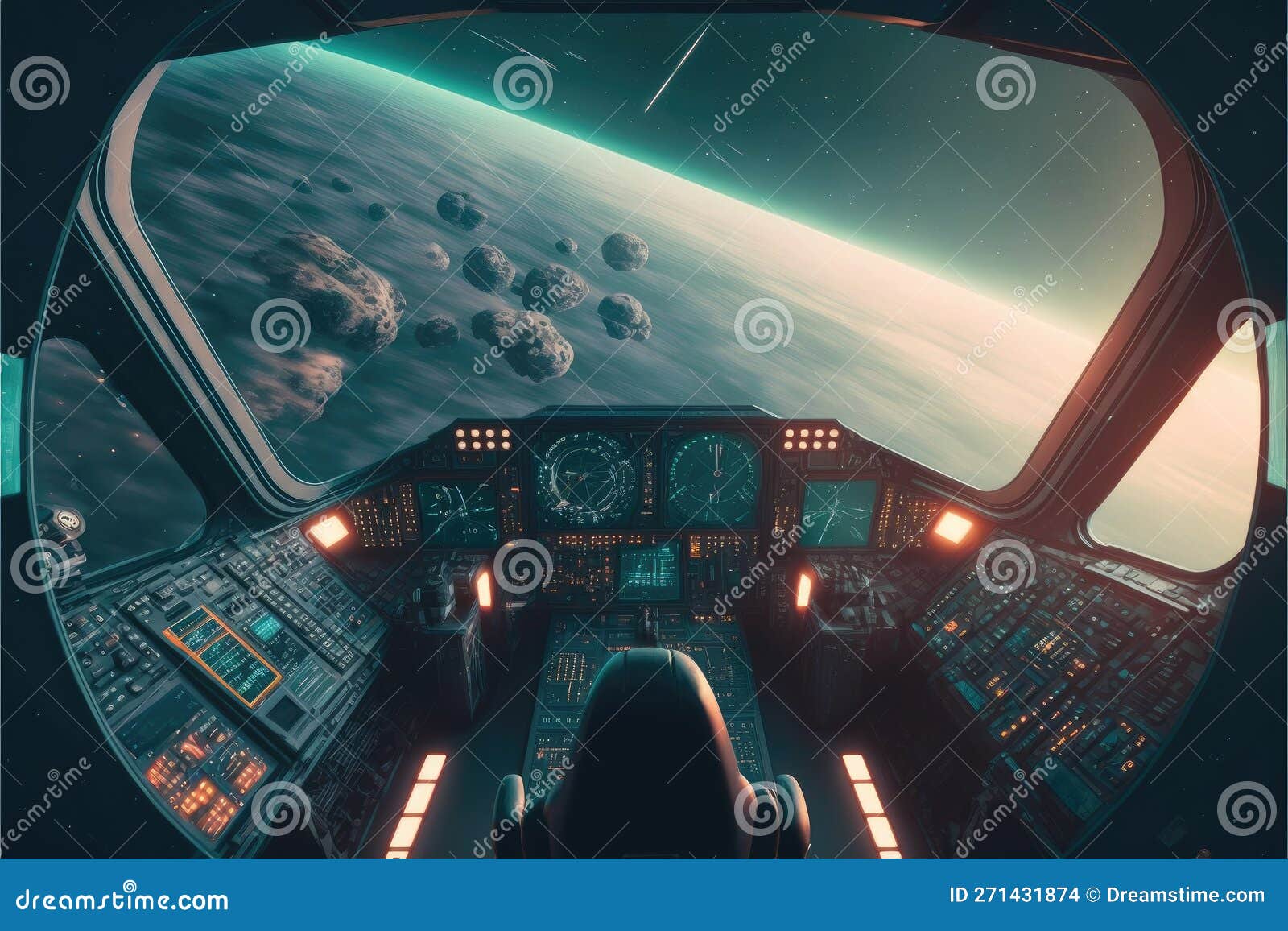 Outer View of Cockpit Spaceship Window with Control System Room. Stock ...