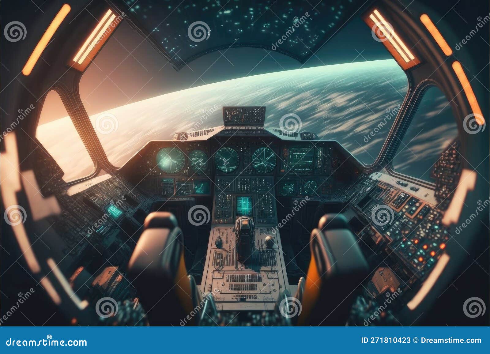 Outer View of Cockpit Spaceship Window with Control System Room. Stock ...