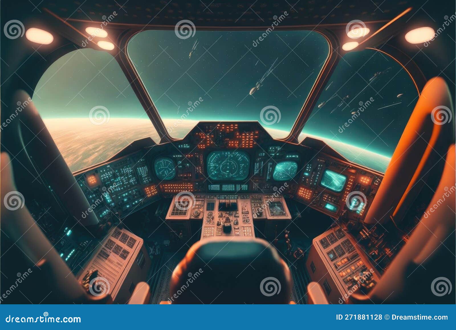 Outer View of Cockpit Spaceship Window with Control System Room. Stock ...
