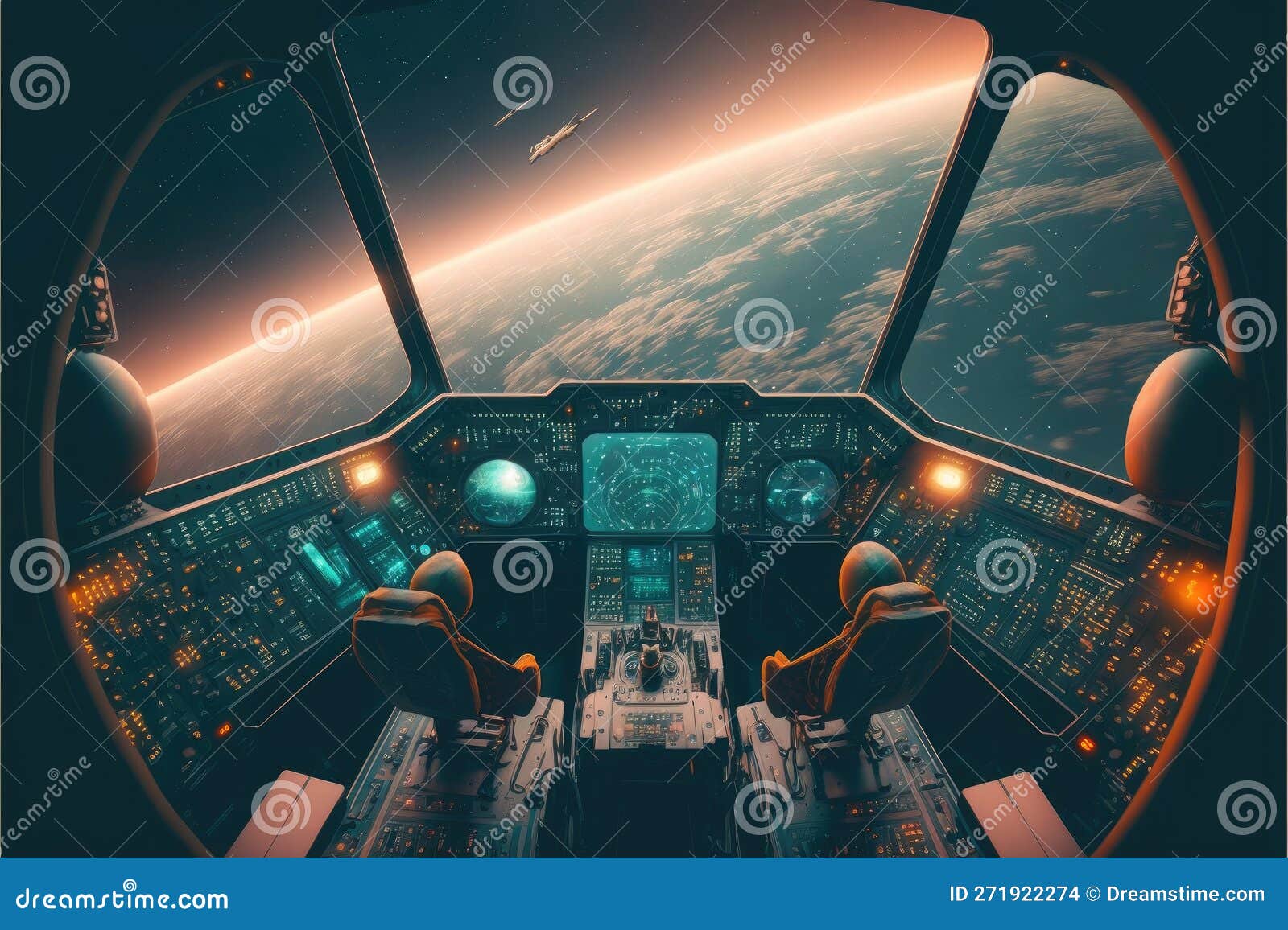 Outer View of Cockpit Spaceship Window with Control System Room. Stock ...