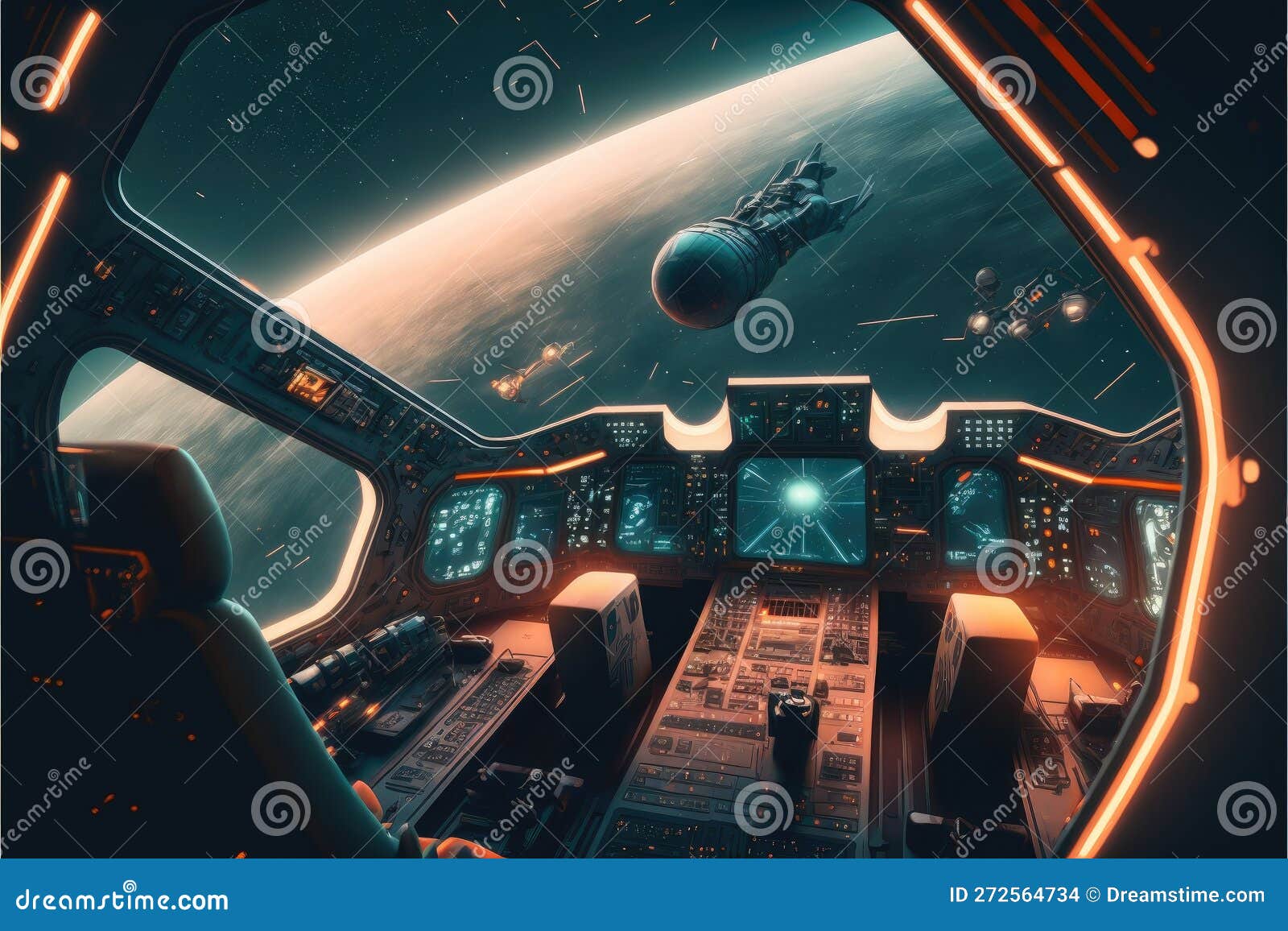 Outer View of Cockpit Spaceship Window with Control System Room. Stock ...