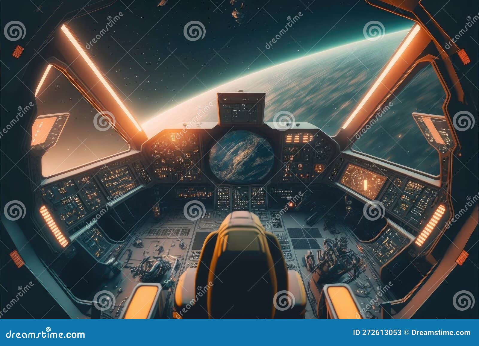 Outer View of Cockpit Spaceship Window with Control System Room. Stock ...