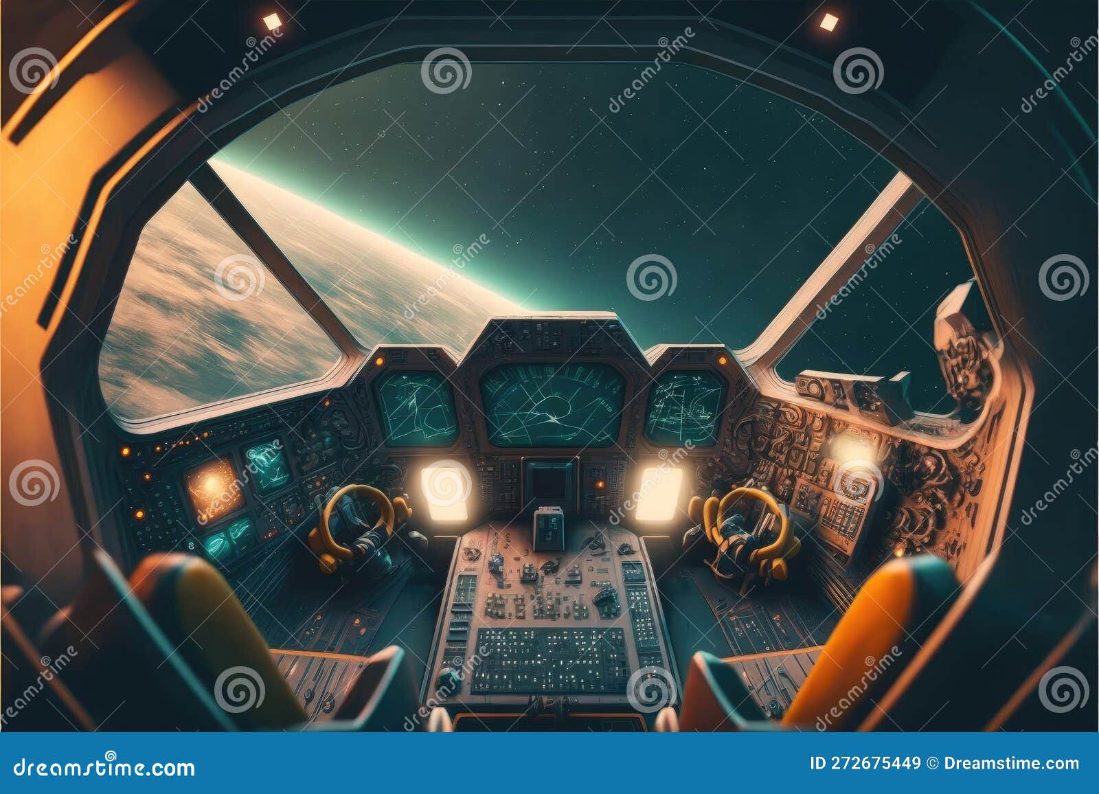 Outer View of Cockpit Spaceship Window with Control System Room. Stock ...