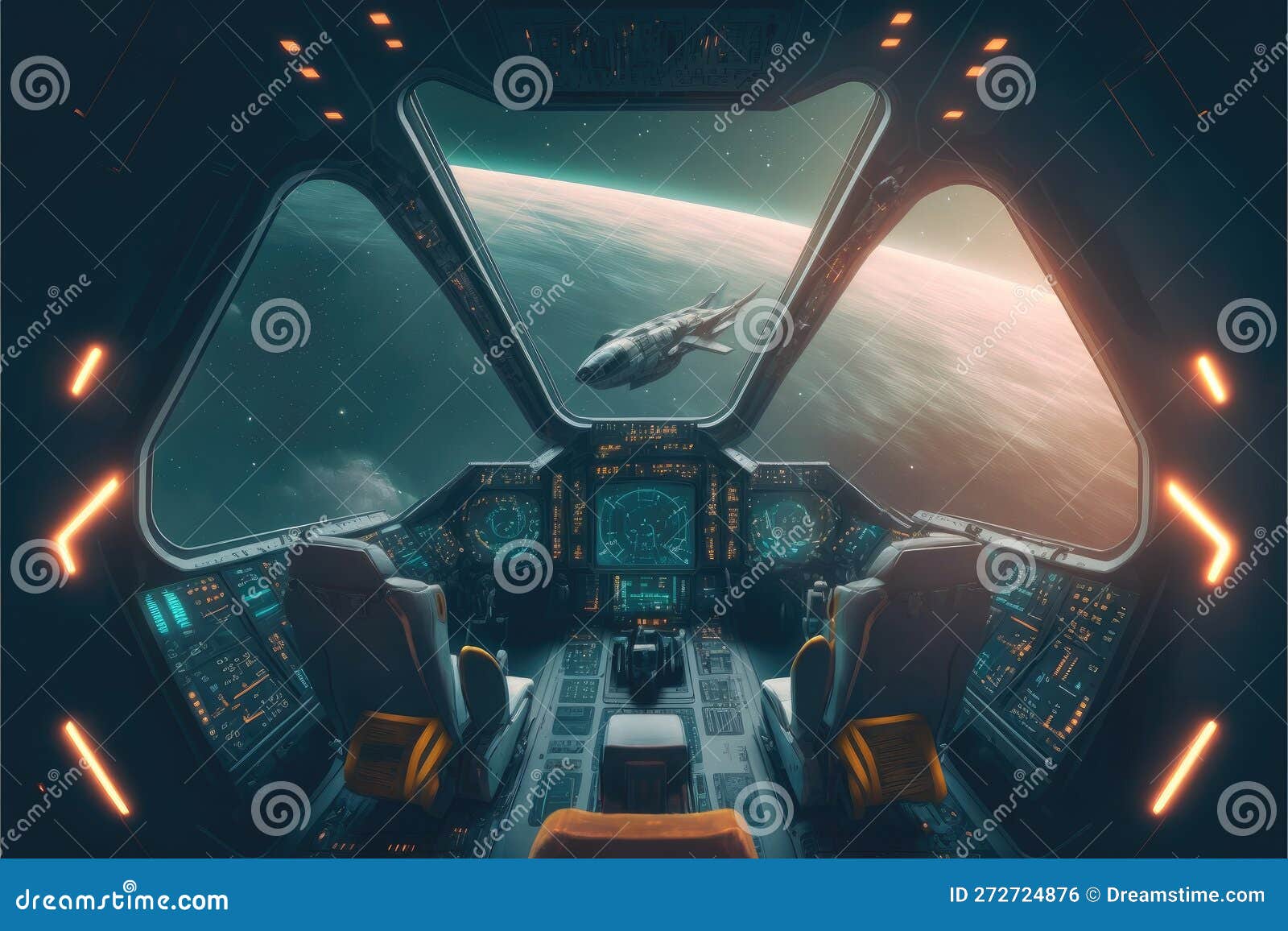 Outer View of Cockpit Spaceship Window with Control System Room. Stock ...