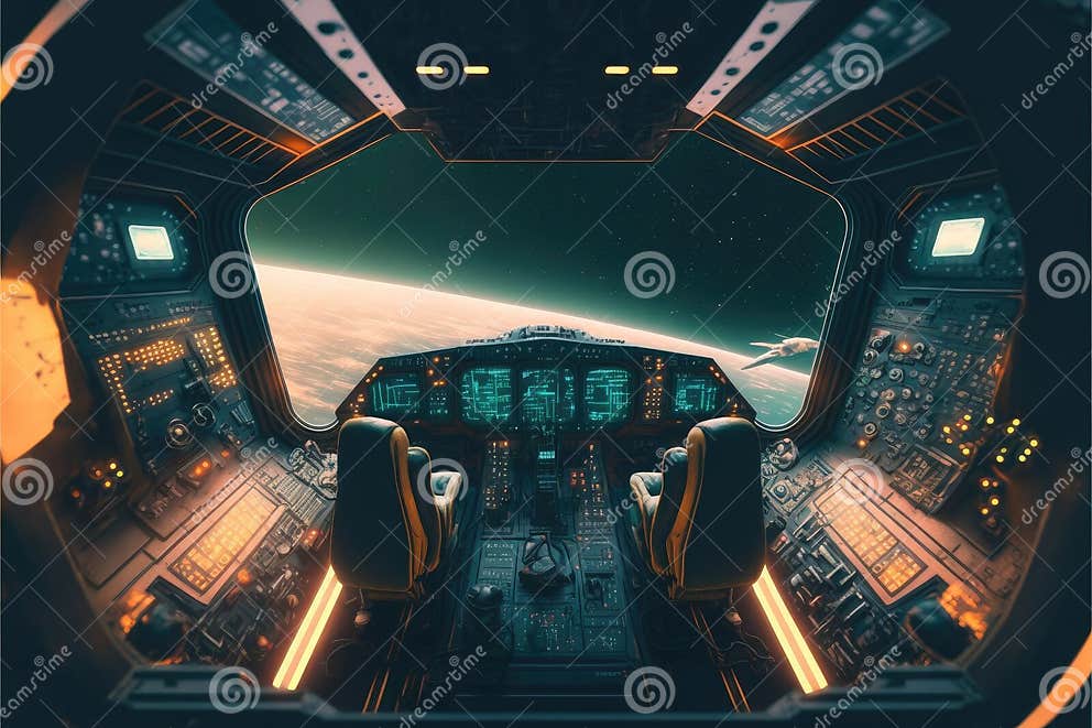 Outer View of Cockpit Spaceship Window with Control System Room. Stock ...