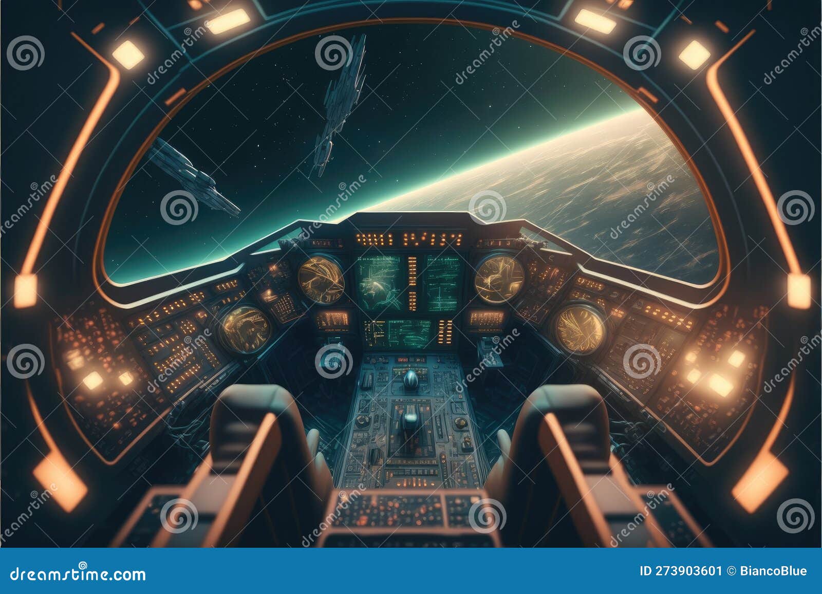 Outer View of Cockpit Spaceship Window with Control System Room. Stock ...
