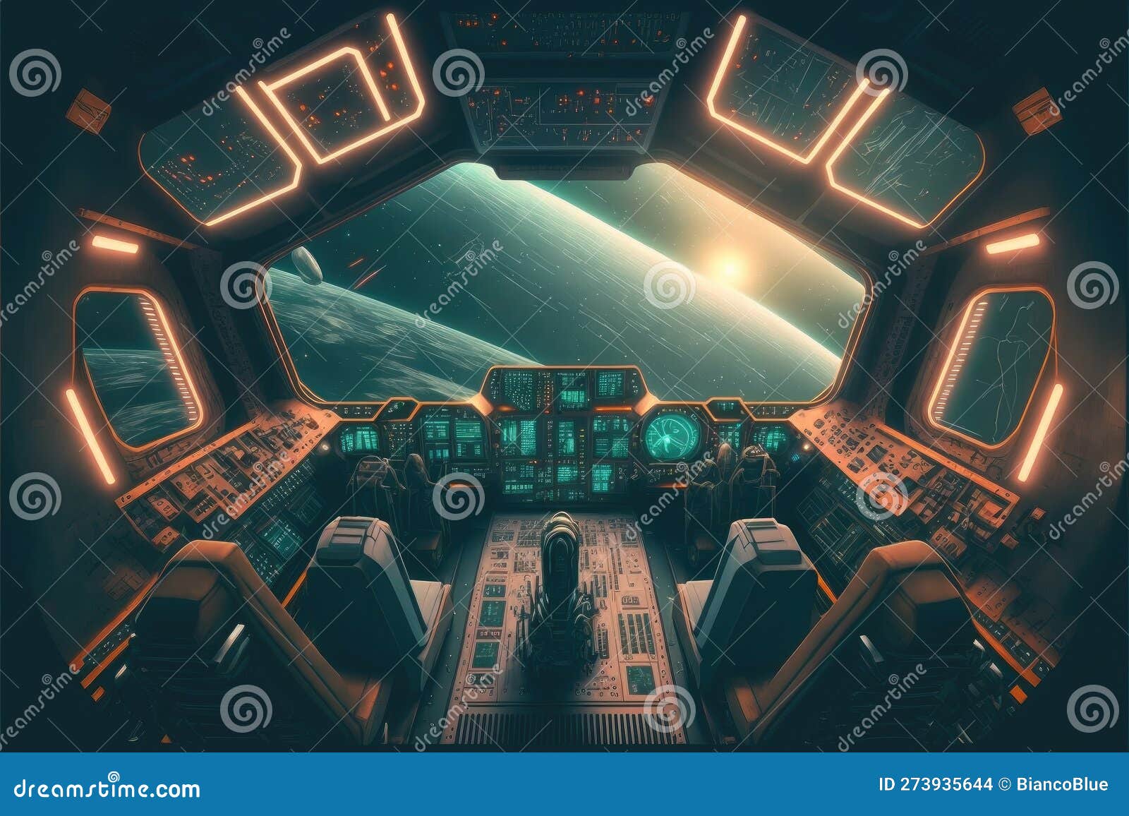Outer View of Cockpit Spaceship Window with Control System Room. Stock ...