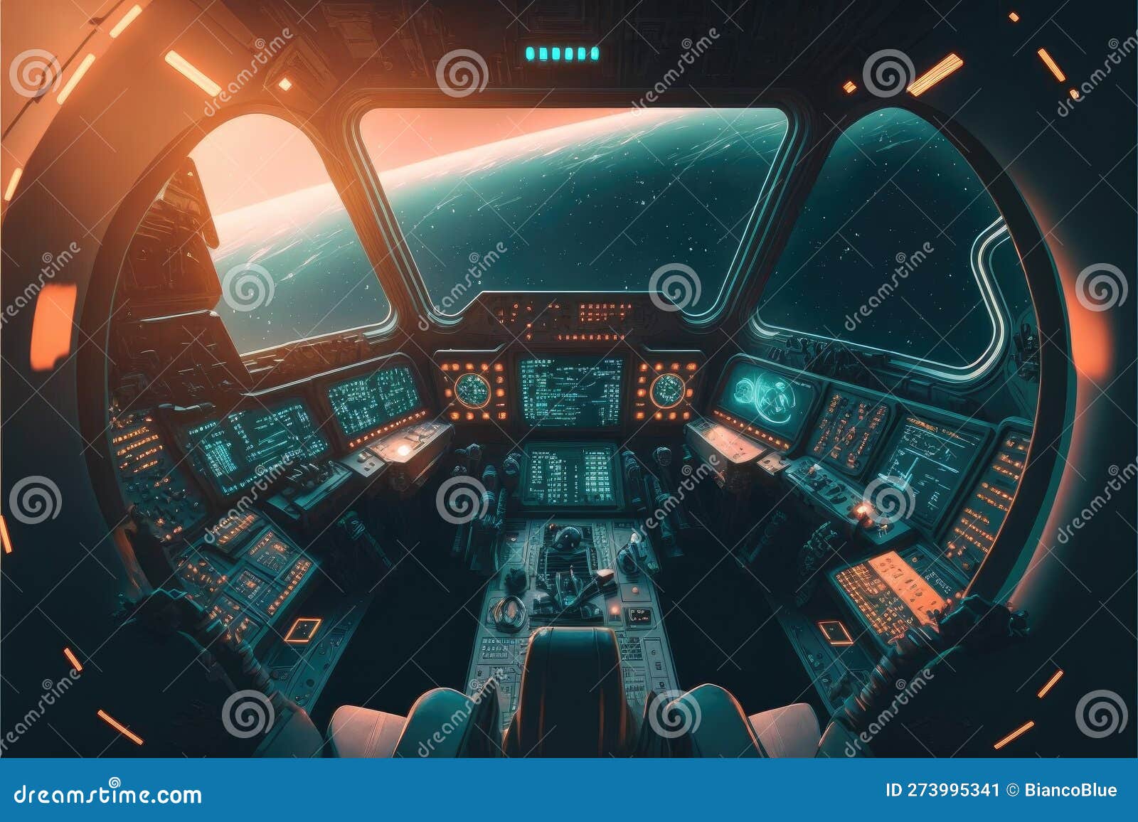 Outer View of Cockpit Spaceship Window with Control System Room. Stock ...