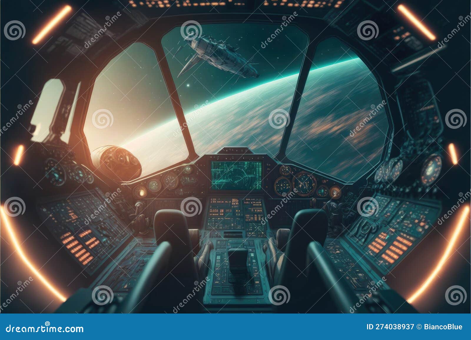 Outer View of Cockpit Spaceship Window with Control System Room. Stock ...