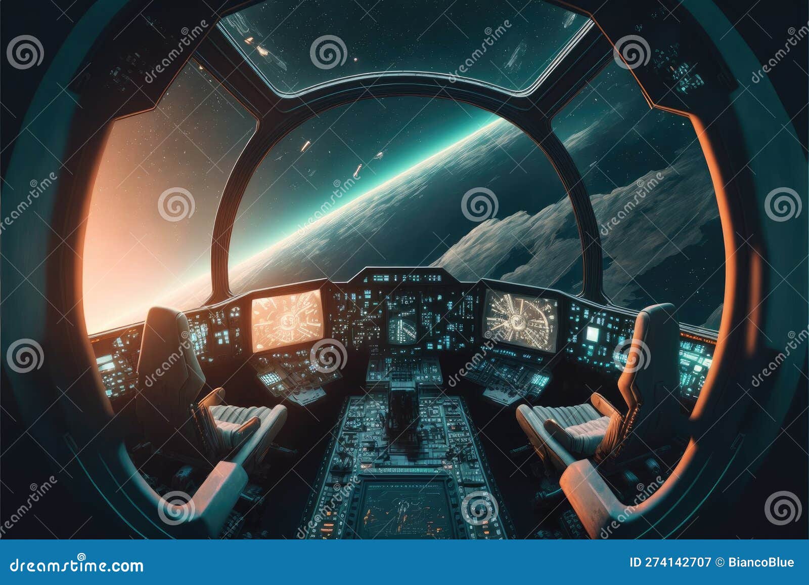 Outer View of Cockpit Spaceship Window with Control System Room. Stock ...