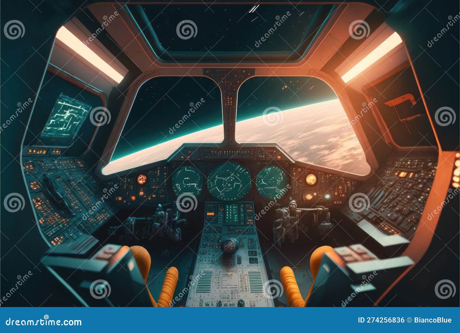 Outer View of Cockpit Spaceship Window with Control System Room. Stock ...