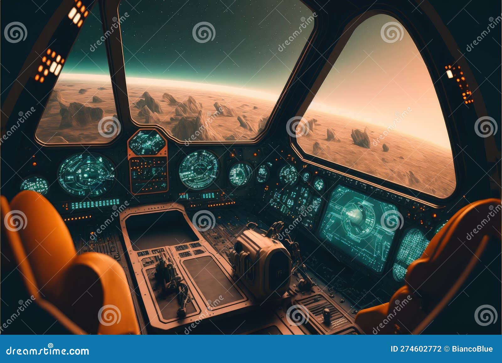 Outer View of Cockpit Spaceship Window with Control System Room. Stock ...
