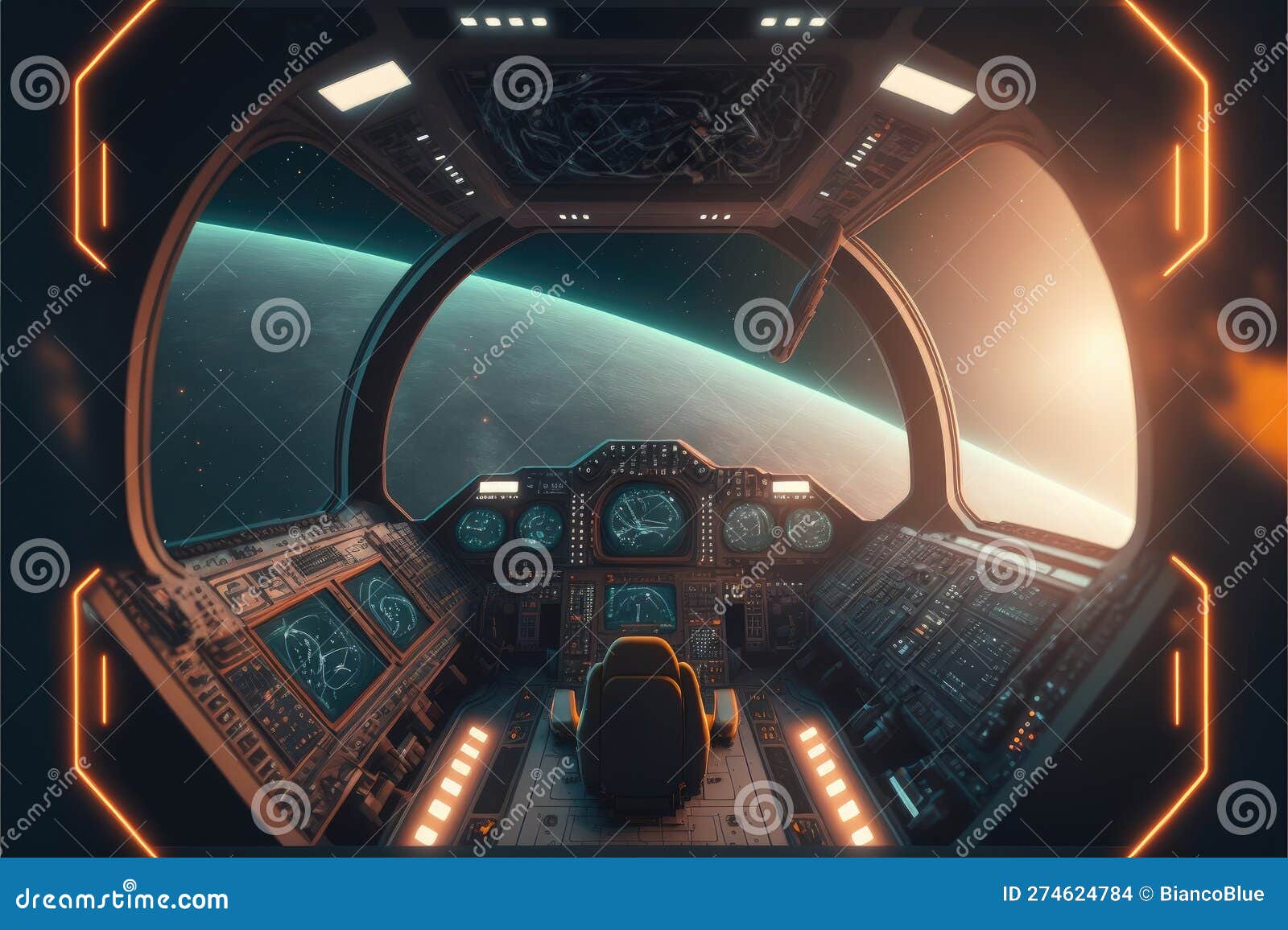 Outer View of Cockpit Spaceship Window with Control System Room. Stock ...
