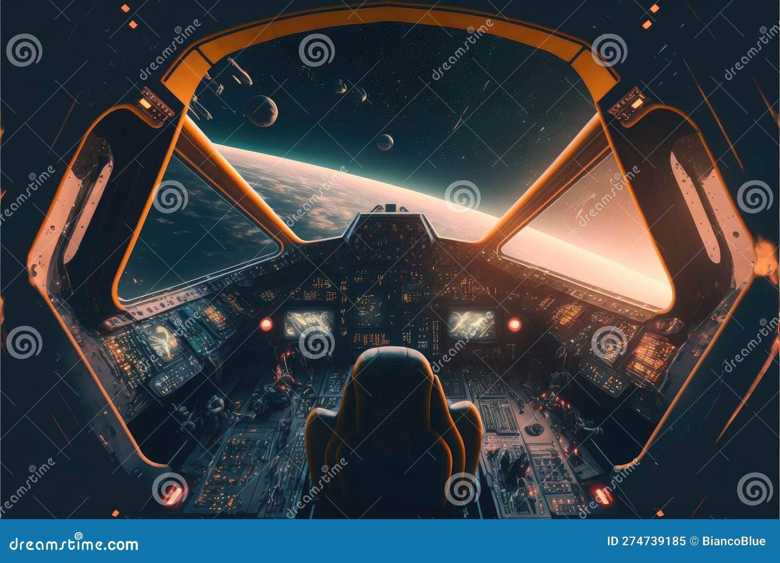 Outer View of Cockpit Spaceship Window with Control System Room. Stock ...