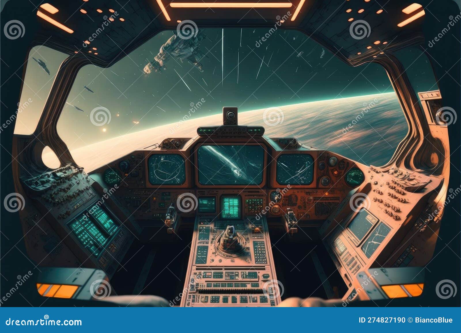 Outer View of Cockpit Spaceship Window with Control System Room. Stock ...