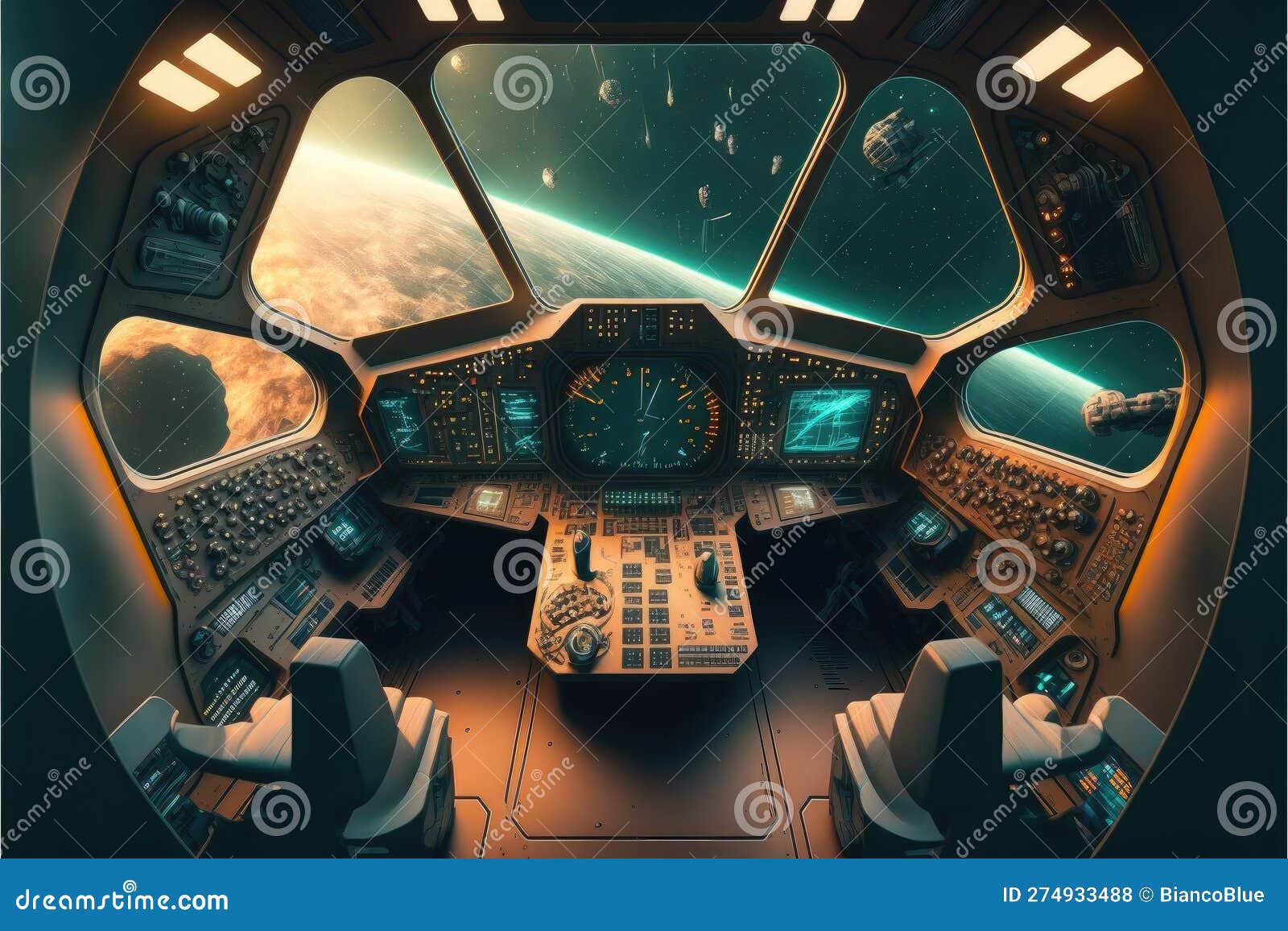 Outer View of Cockpit Spaceship Window with Control System Room. Stock ...