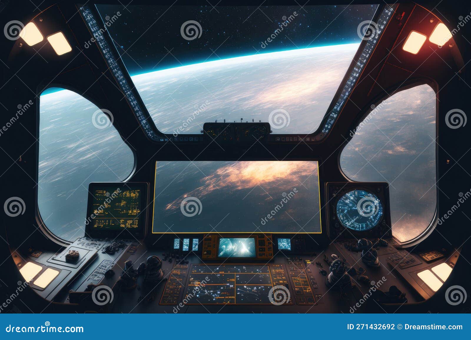 Outer View of Spaceship Window with Control System Room. Stock ...