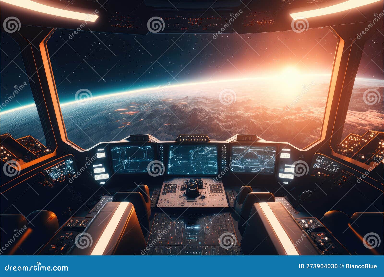 Outer View of Spaceship Window with Control System Room. Stock ...