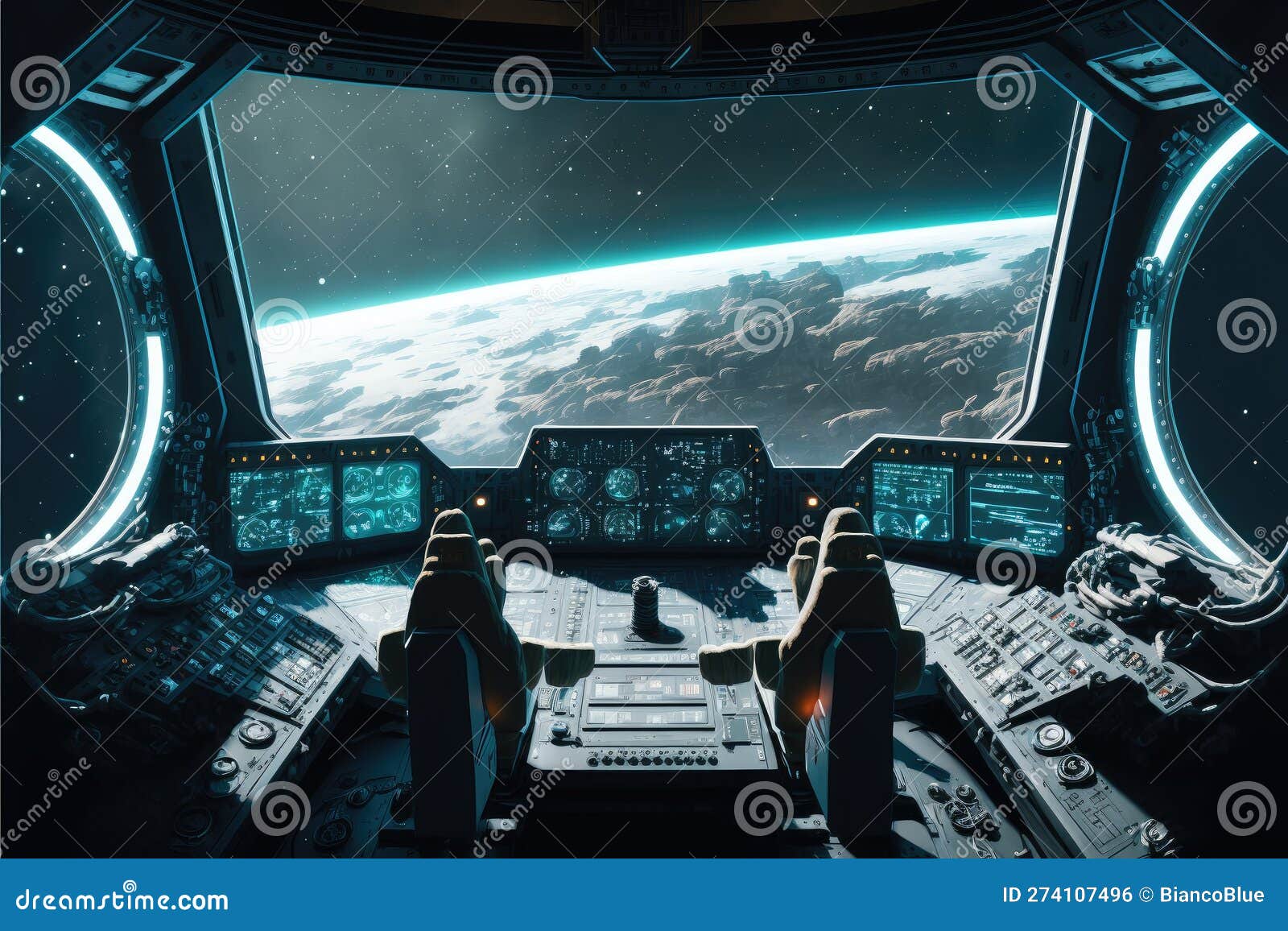 Outer View of Spaceship Window with Control System Room. Stock ...