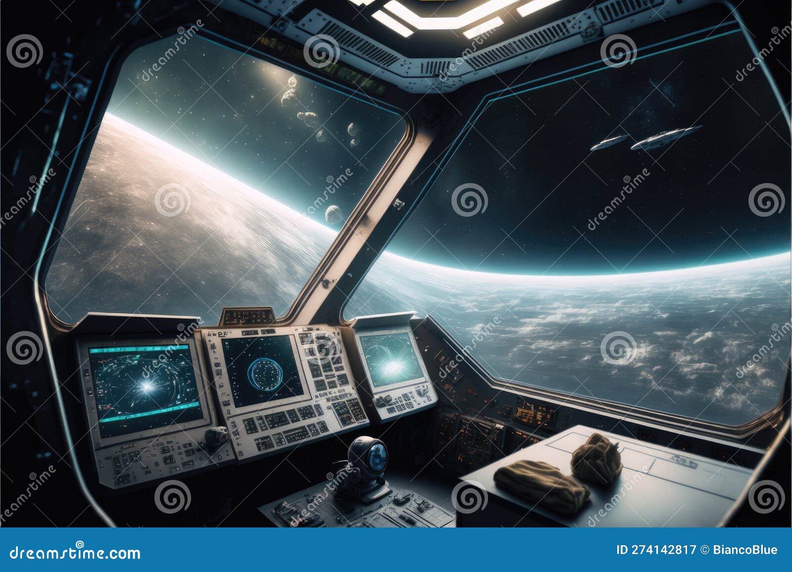 Outer View of Spaceship Window with Control System Room. Stock ...