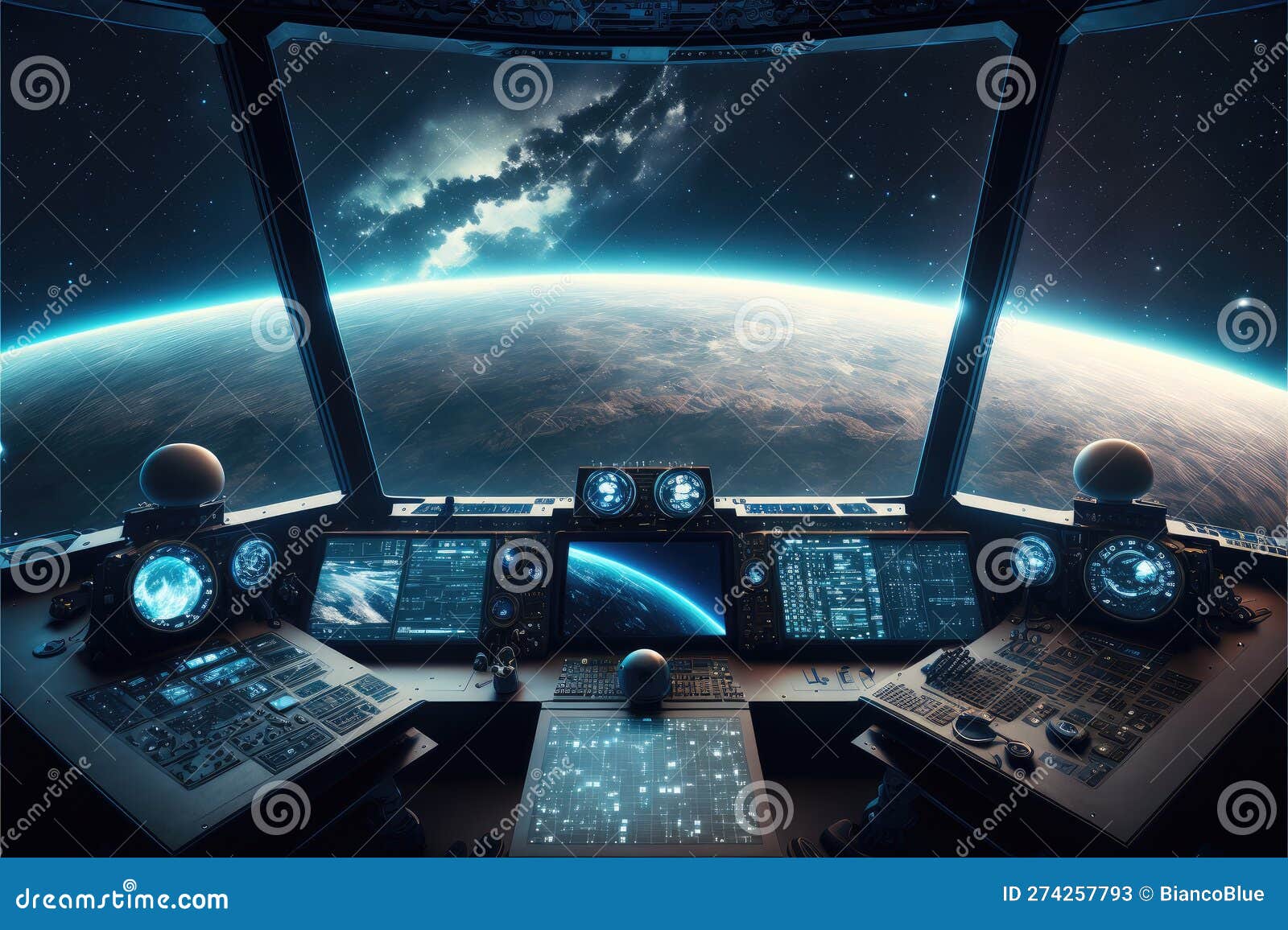 Outer View of Spaceship Window with Control System Room. Stock Image ...