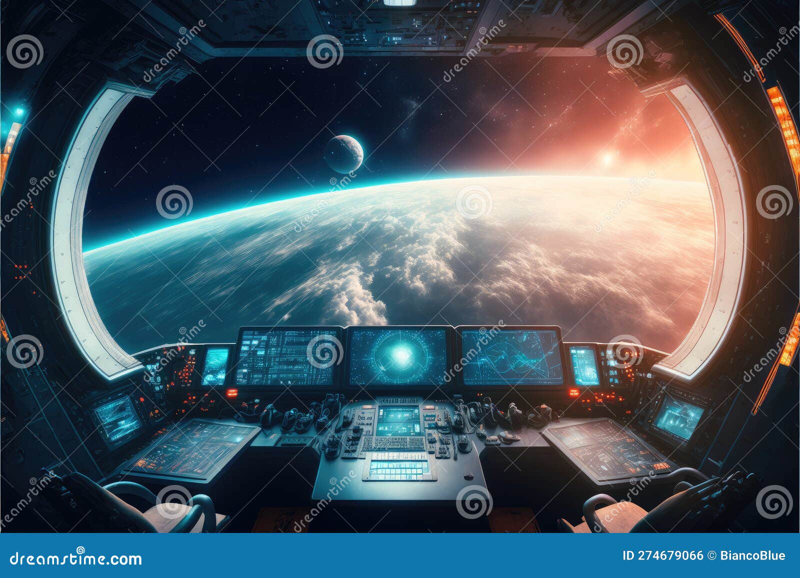 Outer View of Spaceship Window with Control System Room. Stock ...