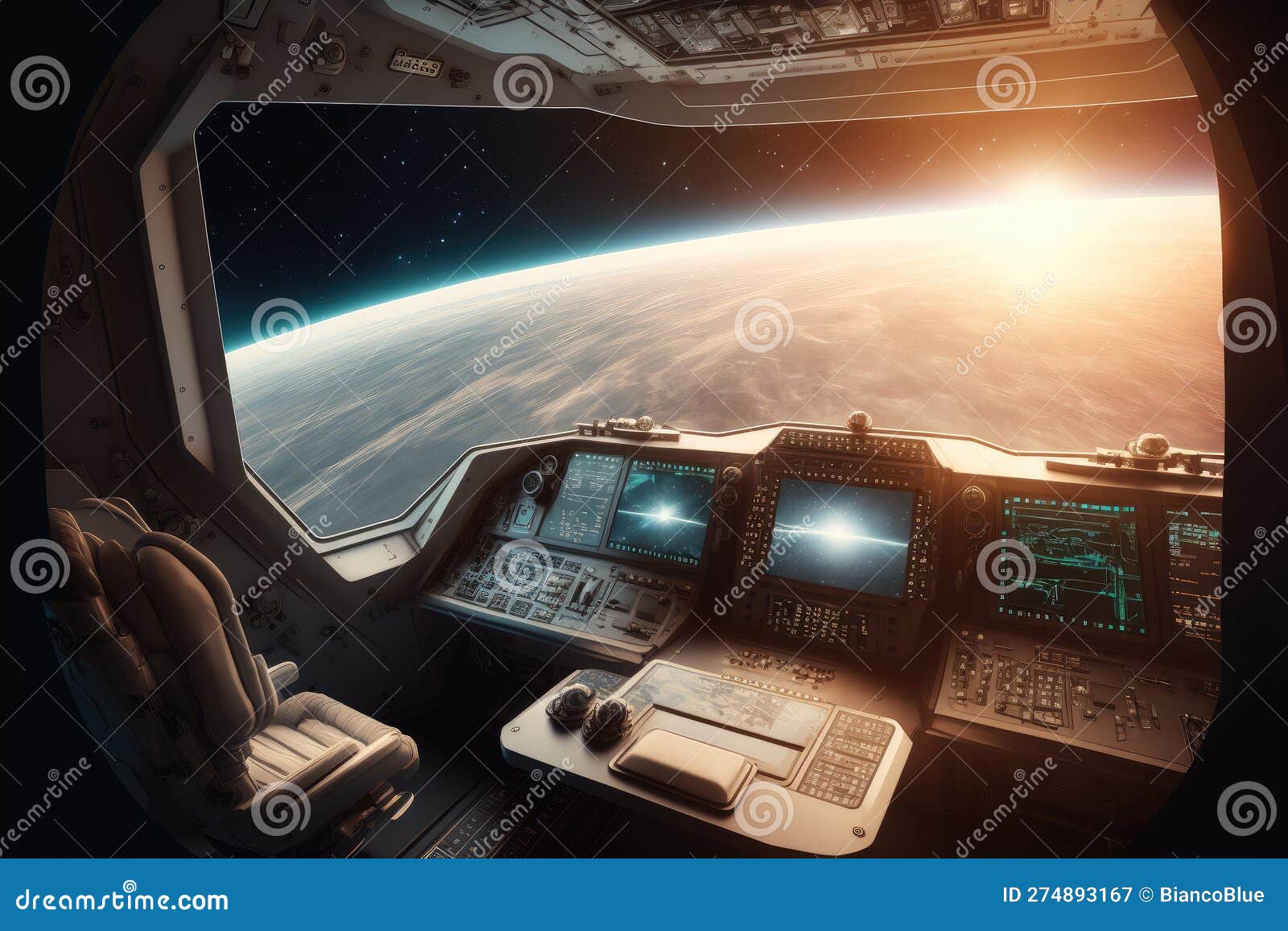 Outer View of Spaceship Window with Control System Room. Stock ...