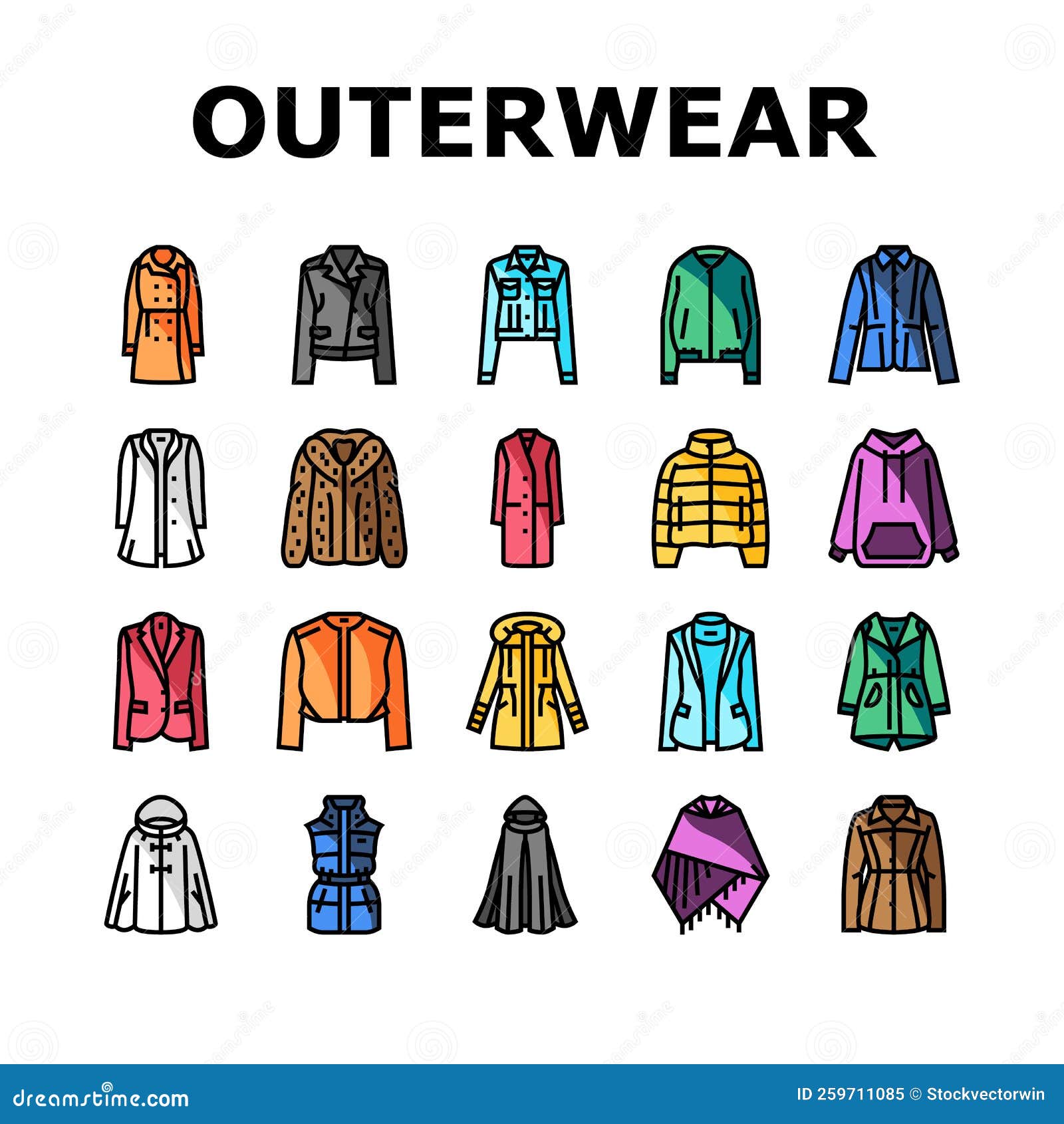 Outerwear Female Clothes Girl Icons Set Vector Stock Illustration