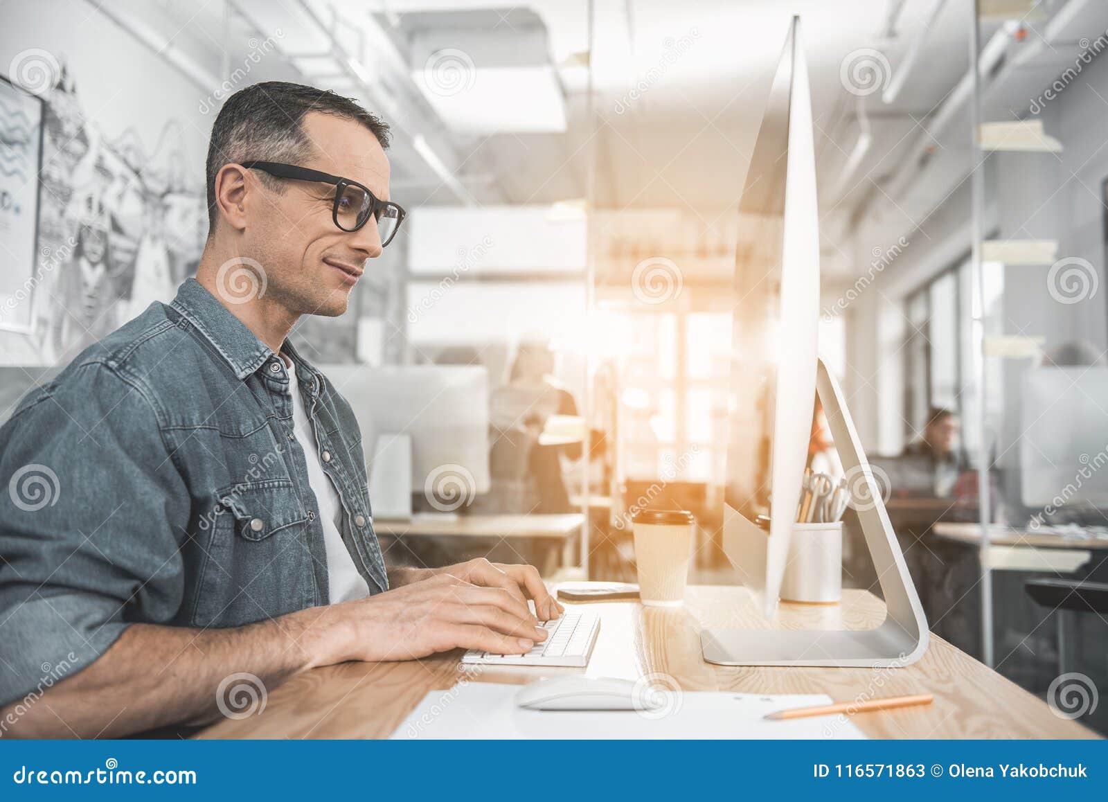 Outgoing Man Using Gadget at Labor Stock Image - Image of indoor, happy ...