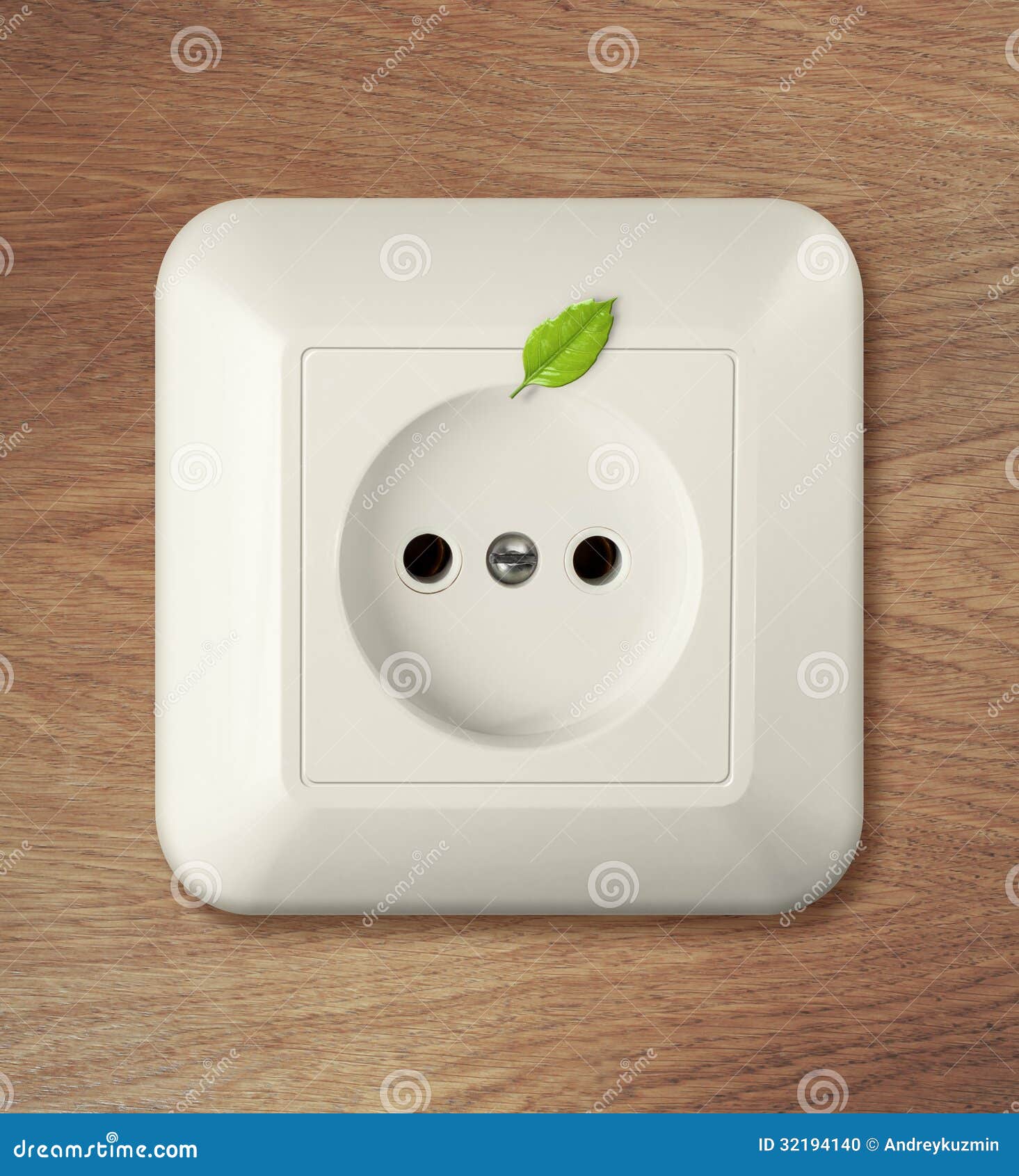 Outlet on Wooden Wall with Leaf. Go Green Power Concept. Stock Photo ...