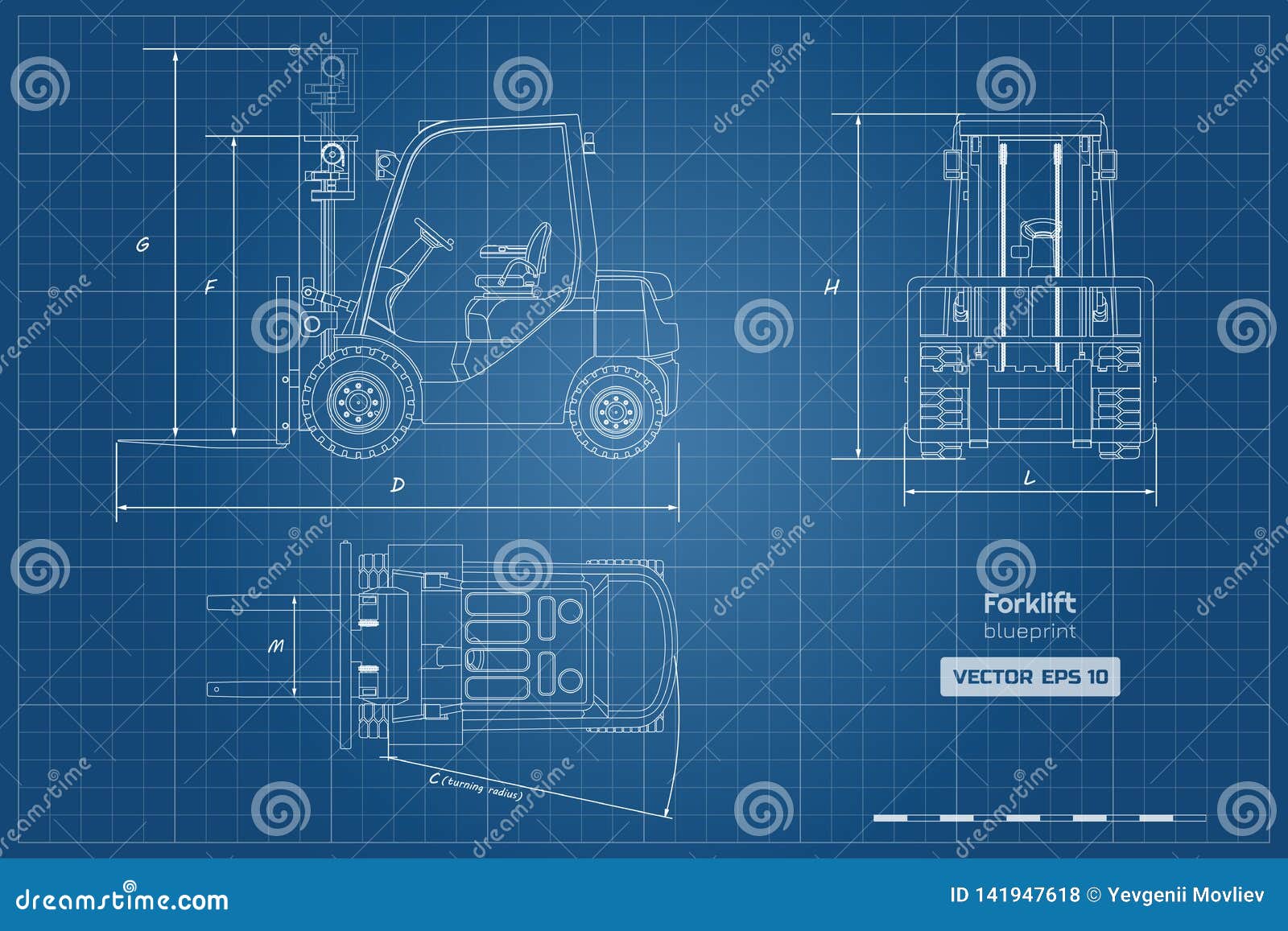 Outline Blueprint of Forklift. Top, Side and Front View. Hydraulic ...