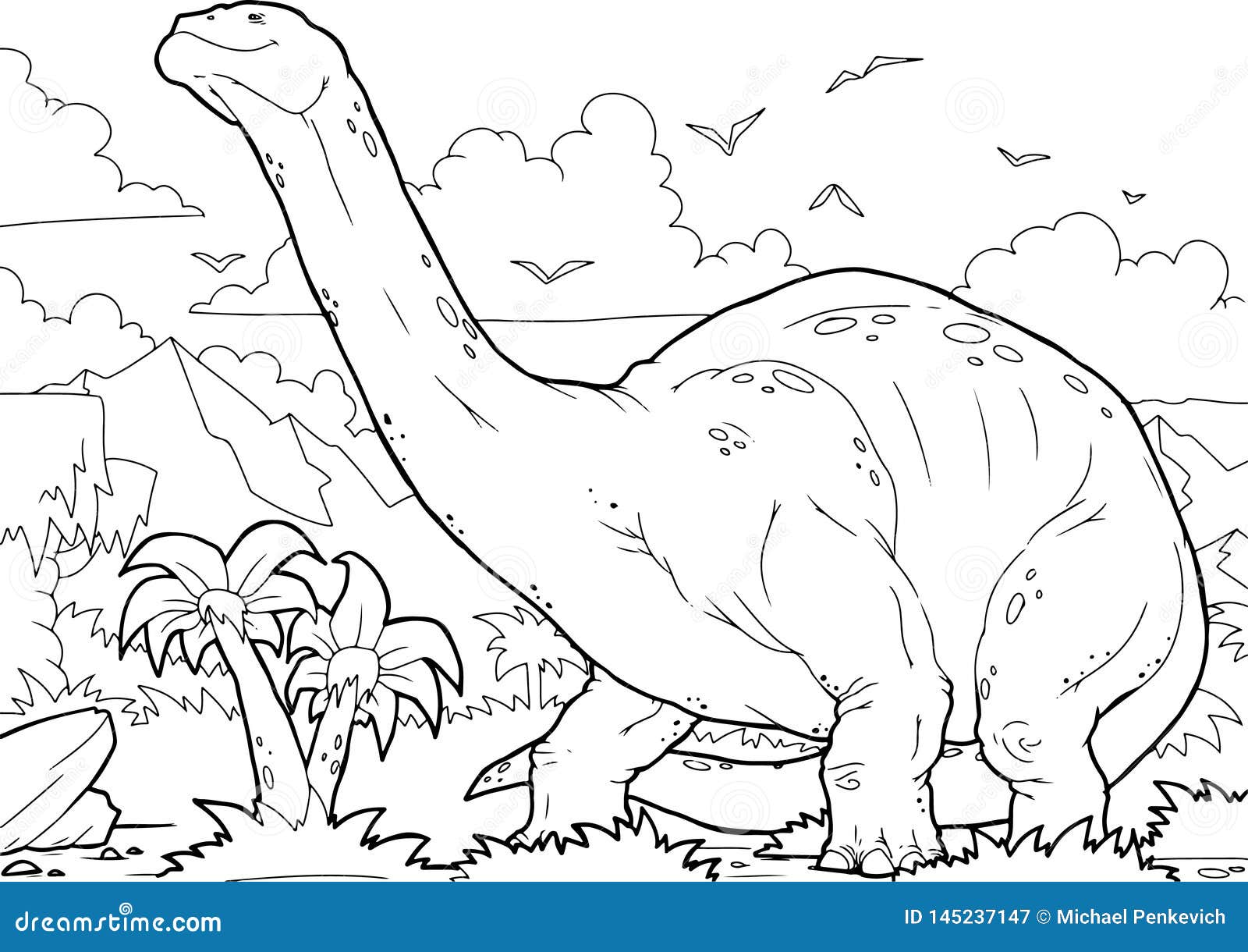 Outline Brontosaurus Dinosaur Illustration, Coloring Page, A4 Cartoon ...
