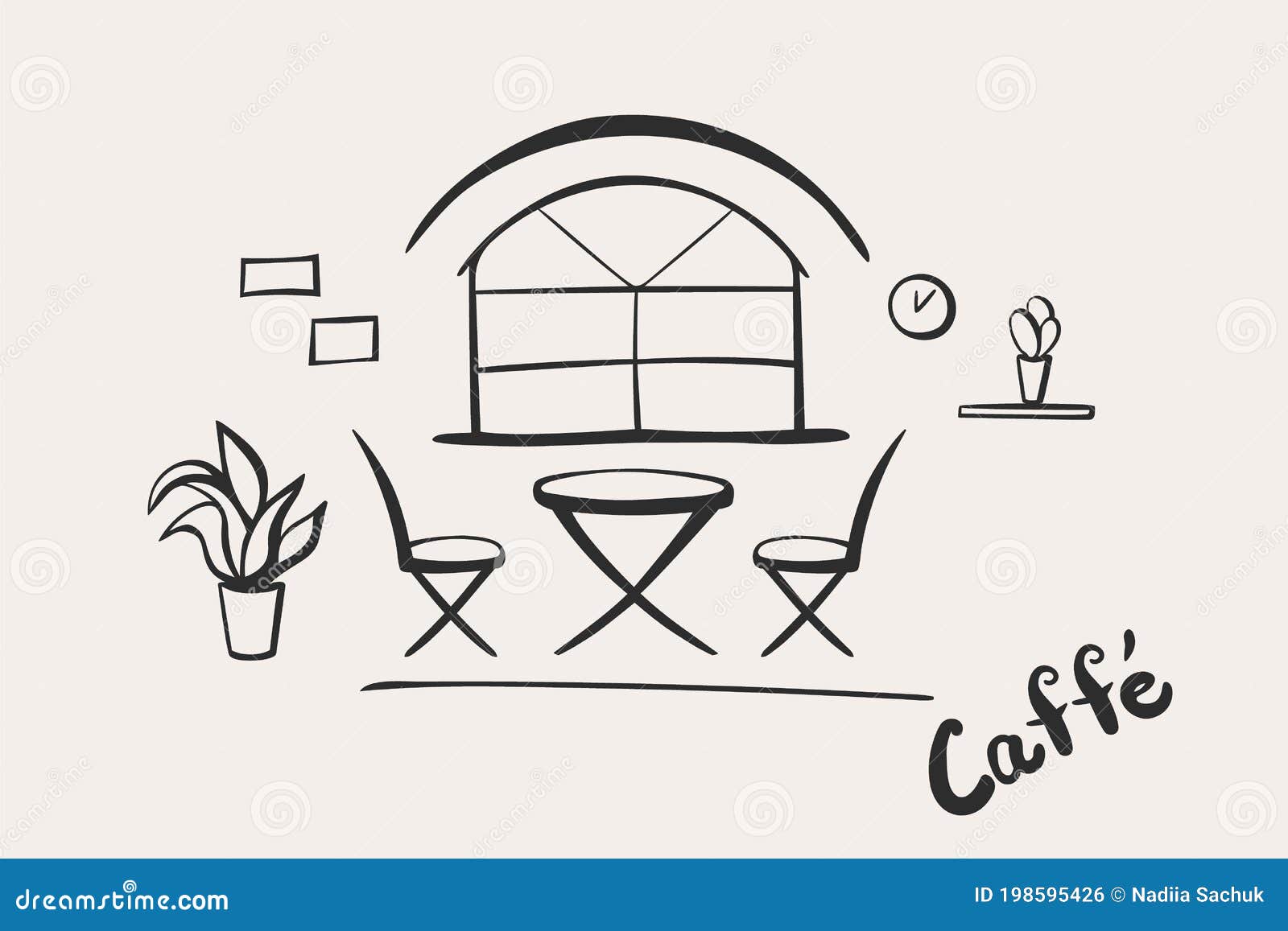 Outline Cafe Interior with Table, Chairs and Flowerpot. Stock Vector ...