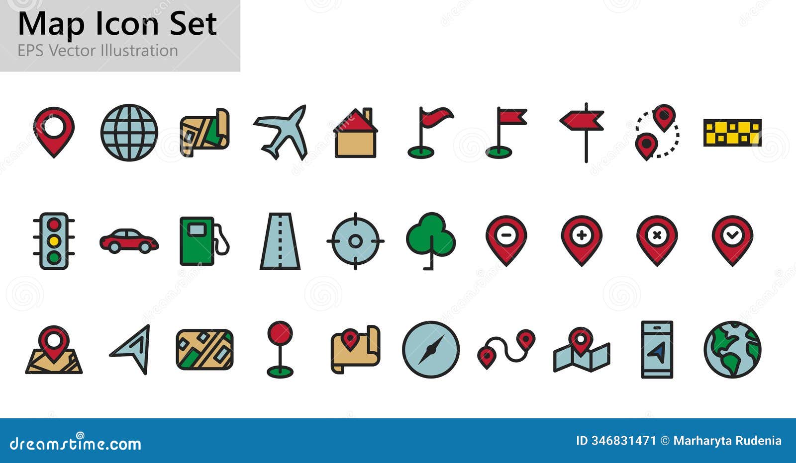 Outline Colored Map Icons Set. Stock Illustration - Illustration of ...