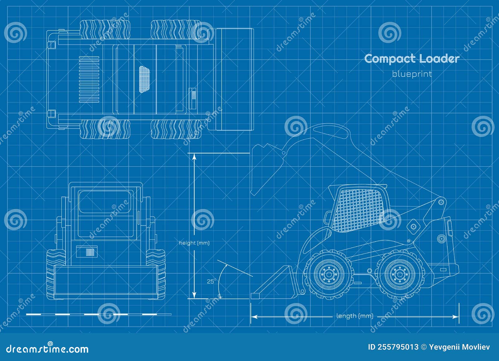 Outline Compact Loader. Contour Side, Front Amd Top View. Drawing of ...