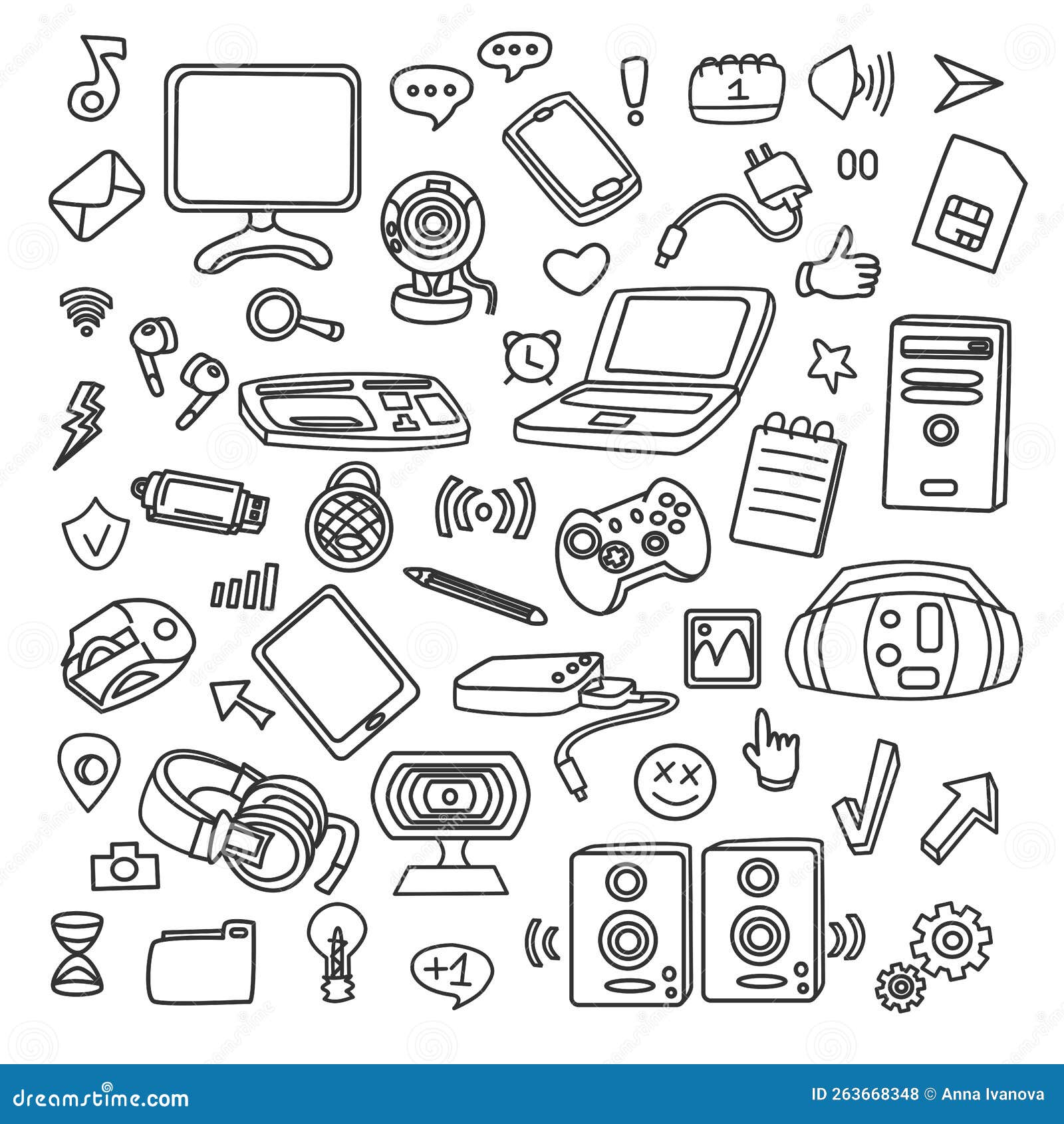 Outline Computer Doodles Line Art Set of Objects and Symbols on the ...