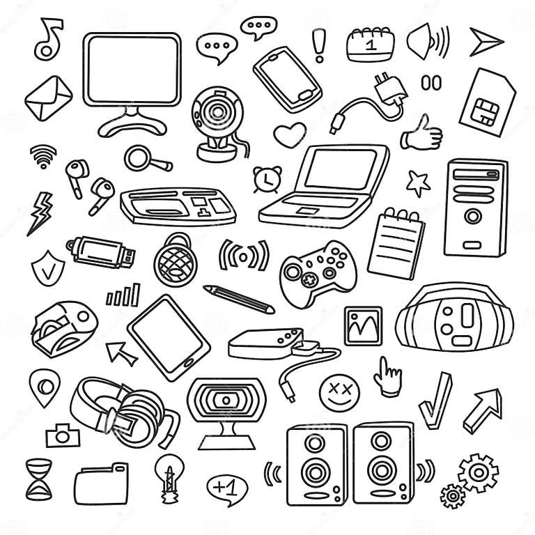 Outline Computer Doodles Line Art Set of Objects and Symbols on the ...