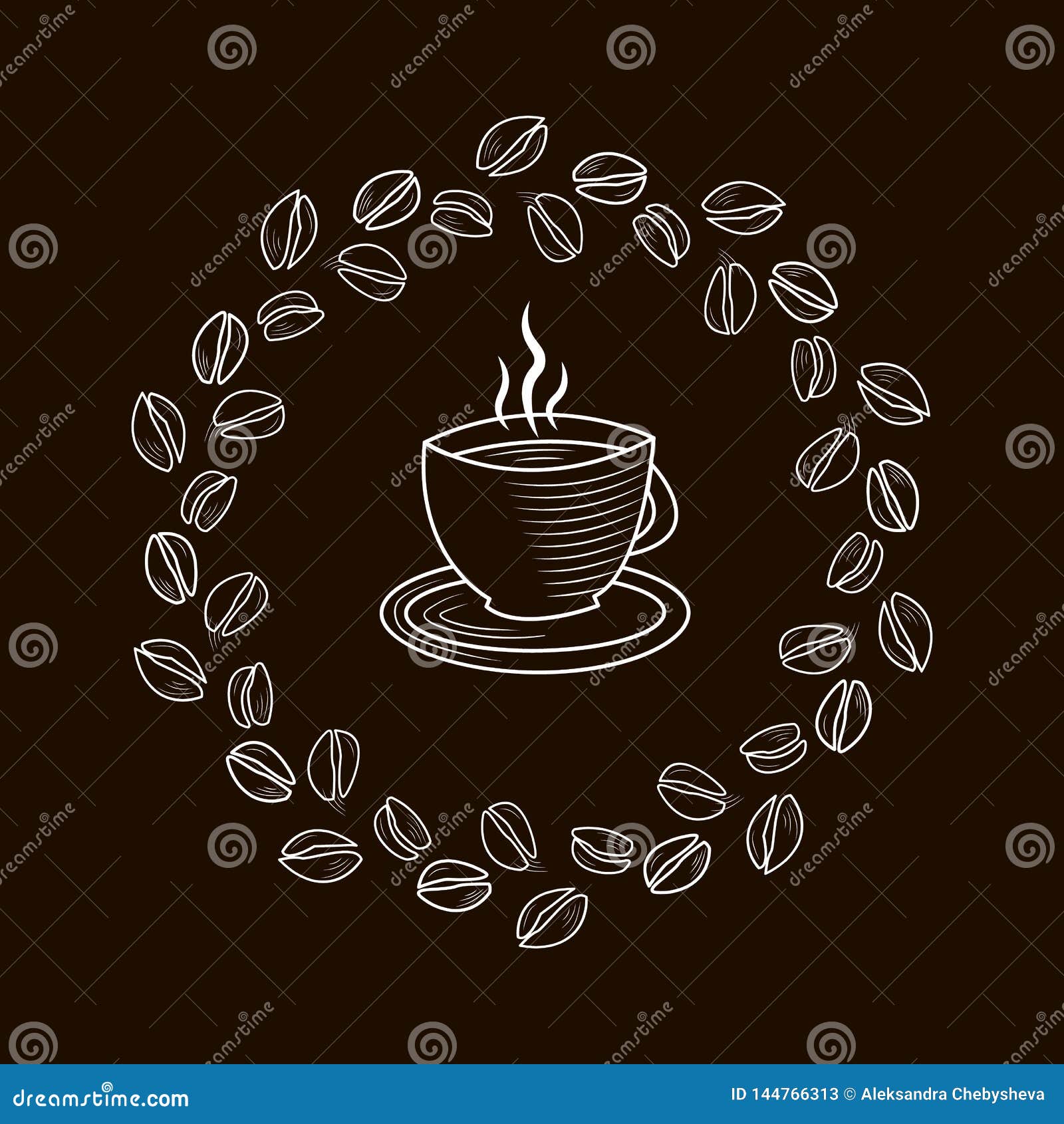 Outline Cup of Coffee in a Frame of Coffee Beans Stock Vector ...