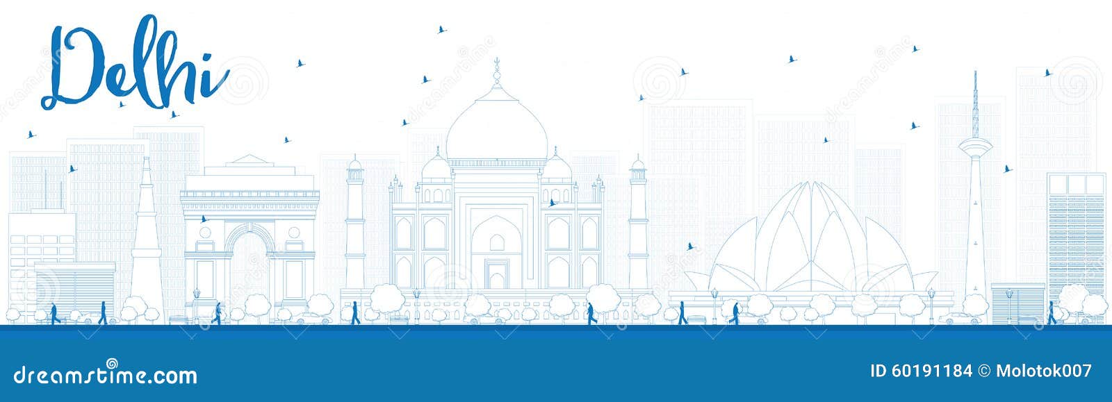 Outline Delhi Skyline With Blue Landmarks. Cartoon Vector ...
