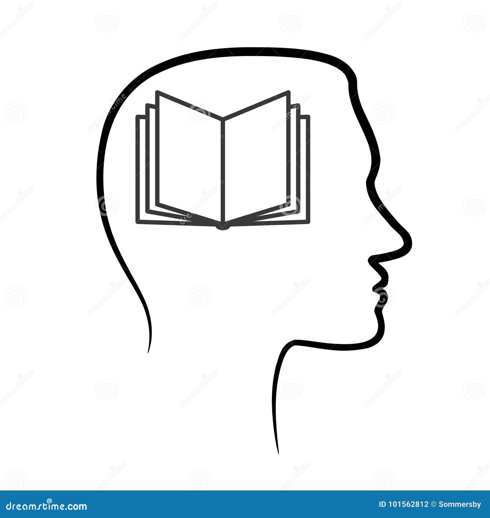 Outline Design Icon with Human Head, Brain and Open Book. Abstract ...