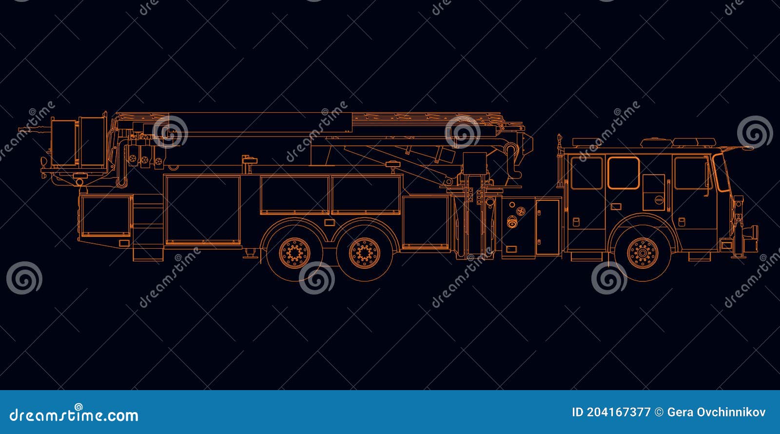 Outline Of A Detailed Fire Engine From Orange Lines On A Dark ...