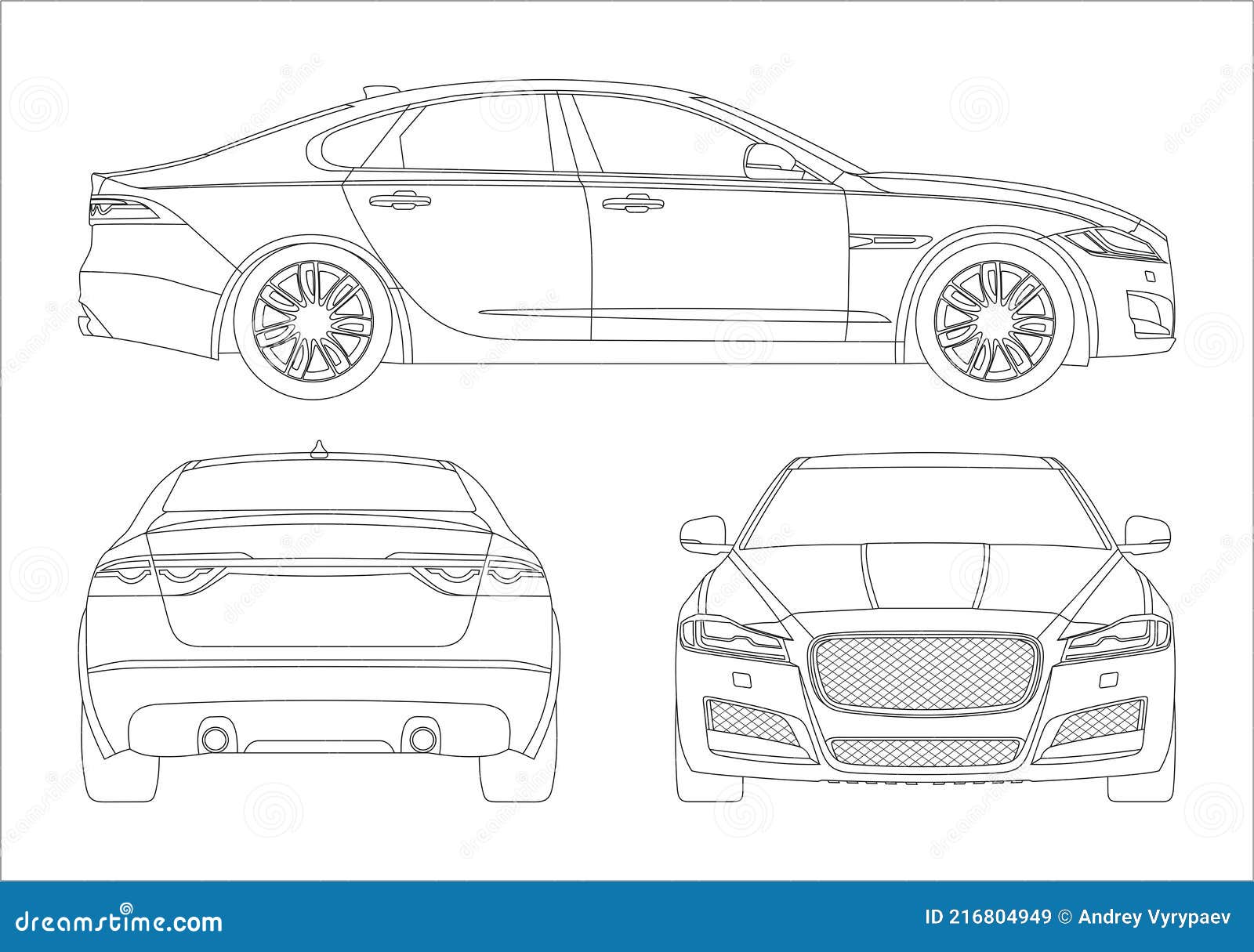Outline Sedan Car Vector Drawing In Different Point Of View ...