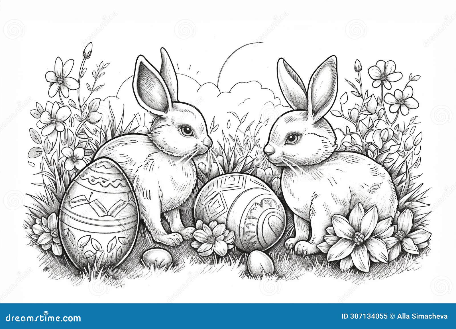 Outline Drawing Easter Bunny and Colourful Eggs. Stock Image - Image of ...