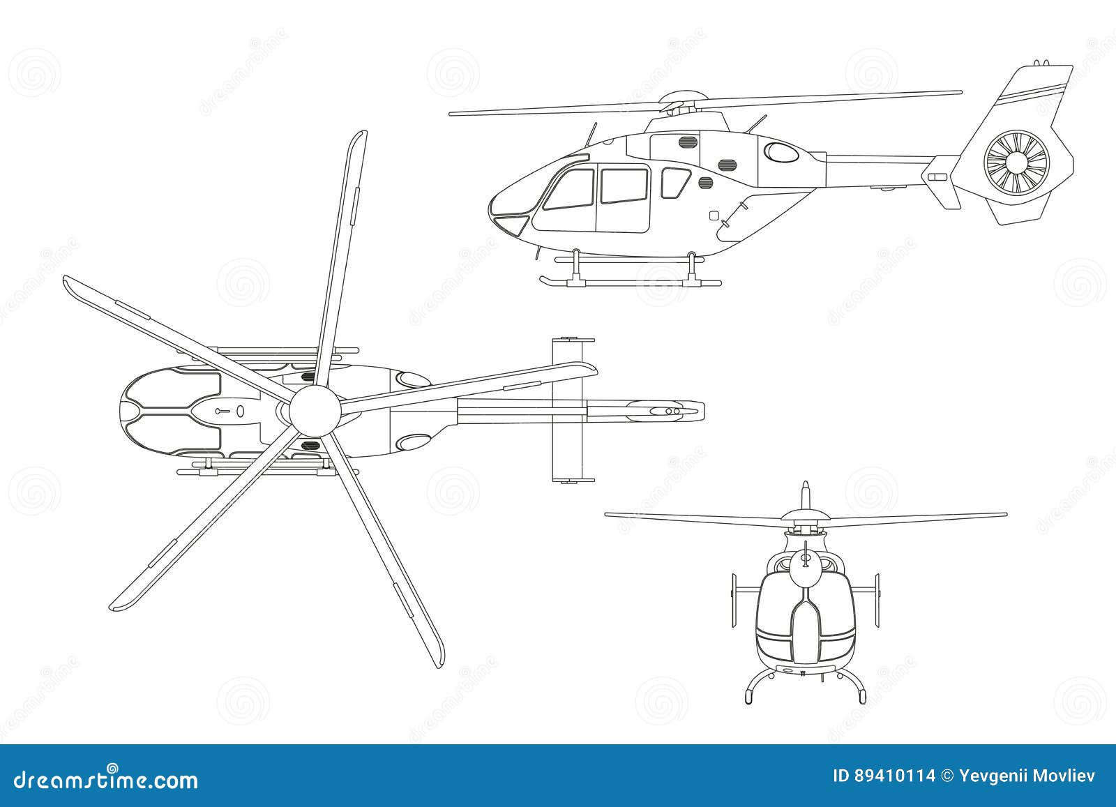 Outline Drawing of Helicopter on White Background. Top, Side, Front ...
