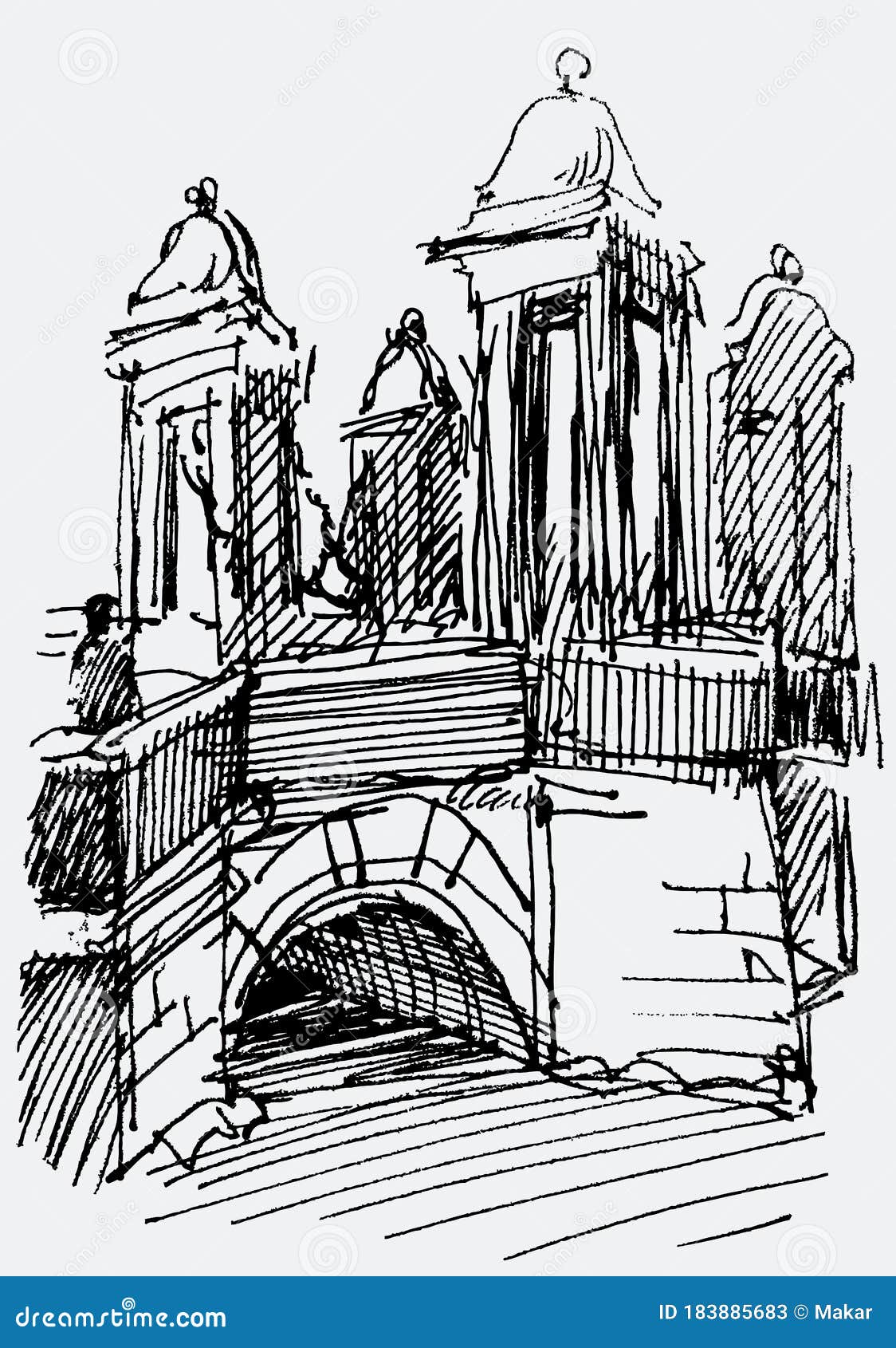 Outline Drawing of Old River Bridge with Architectural Elements Stock ...